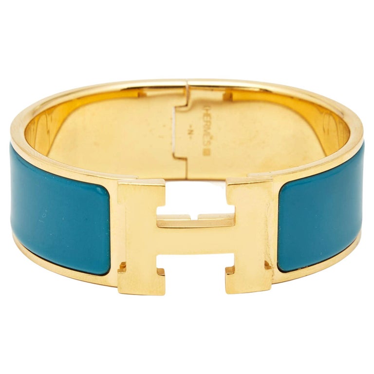 Hermes Clic Clac H Blue Enamel Gold Plated Wide Bracelet For Sale at 1stDibs