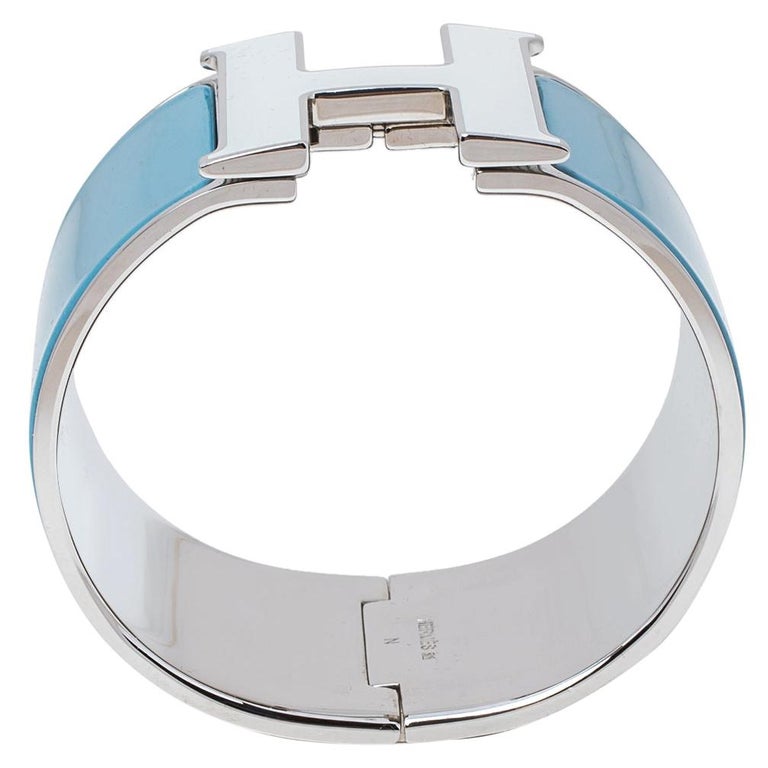 Hermès Clic Clac H Blue and White Enamel Palladium Plated Extra Wide Bracelet PM at 1stDibs