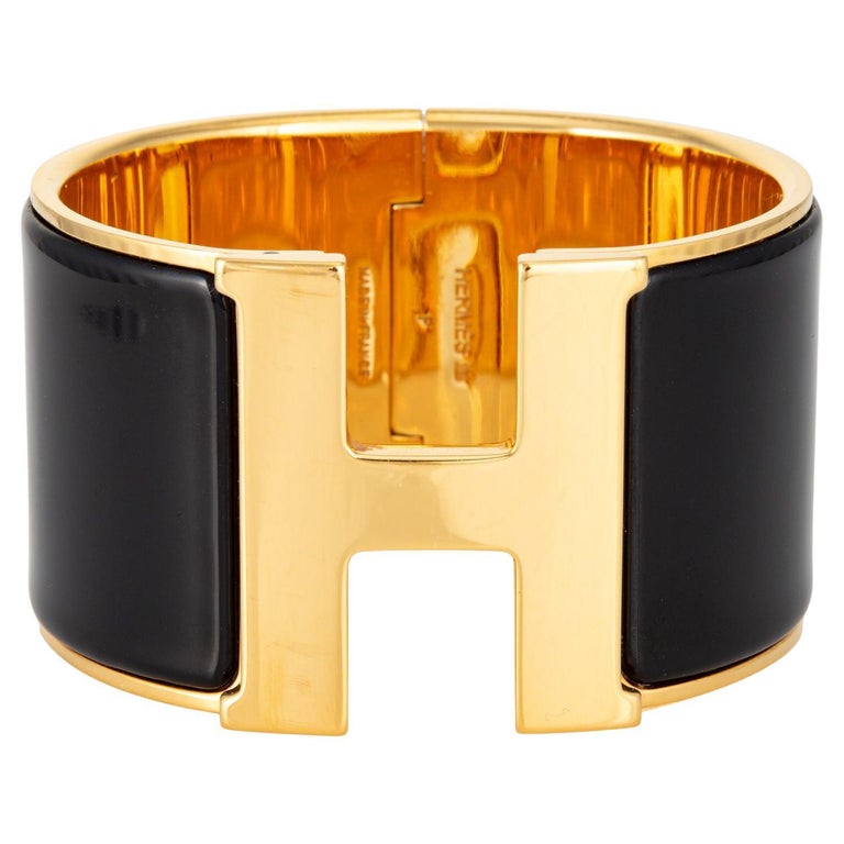 Hermes Clic Clac H Bracelet Black Enamel Extra Wide Yellow Gold Plate For Sale at 1stDibs