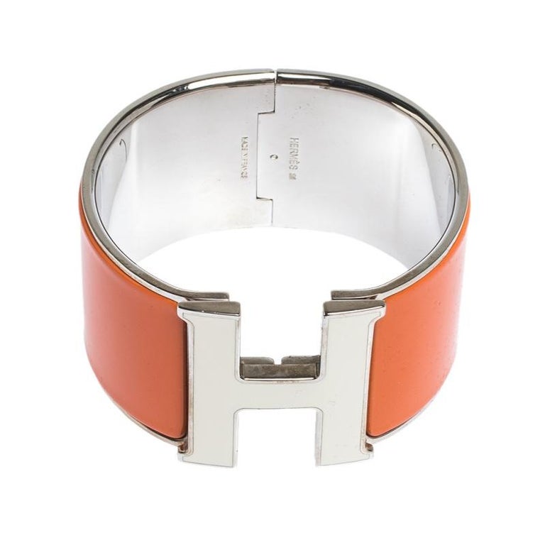 Hermes Clic Clac H Orange Enamel Palladium Plated Extra Wide Bracelet PM at 1stDibs