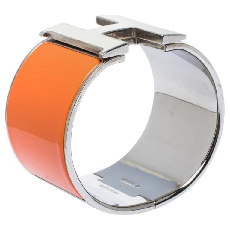Hermes Clic Clac H Orange Enamel Palladium Plated Extra Wide Bracelet PM at 1stDibs
