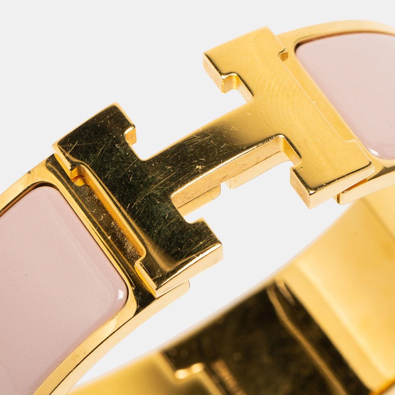Hermès Clic Clac H Pink Enamel Gold Plated Wide Bracelet For Sale at 1stDibs