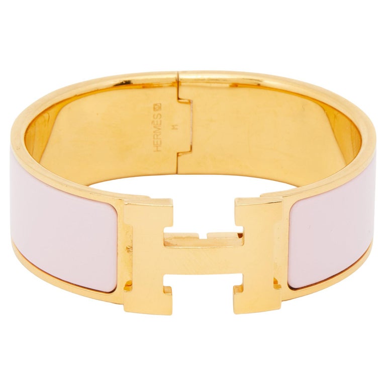 Hermes Clic Clac H Pink Enamel Gold Plated Wide Bracelet For Sale at 1stDibs