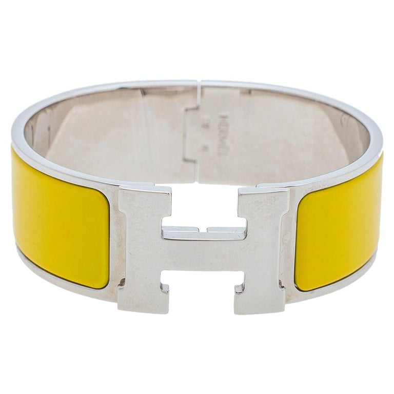 Hermès Clic Clac H Yellow Enamel Palladium Plated Wide Bracelet PM at 1stDibs
