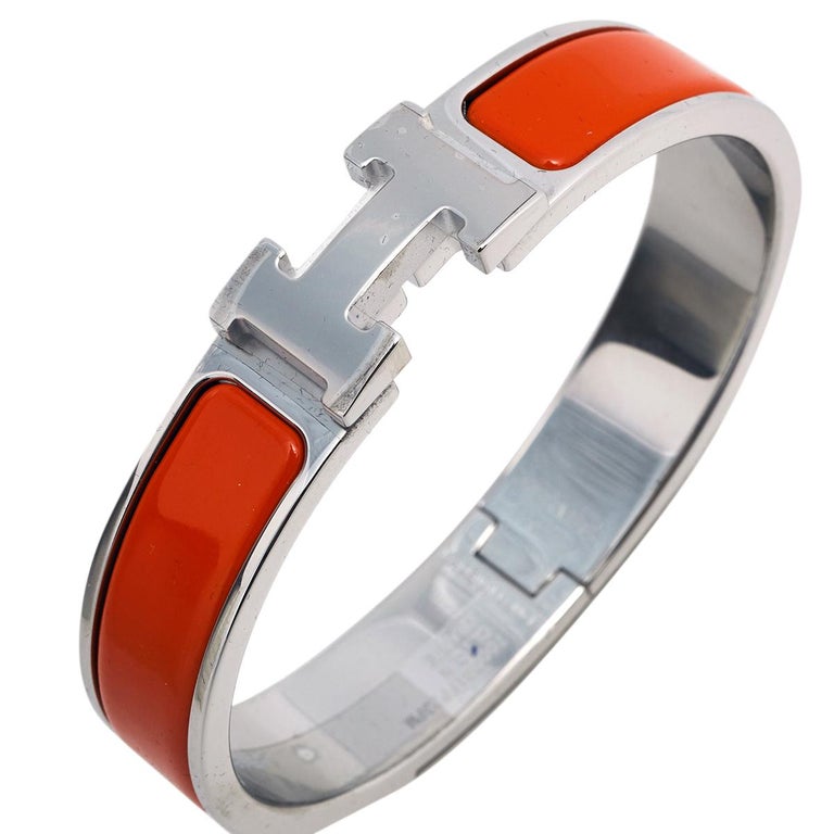 Hermès Clic H Orange Enamel Palladium Plated Narrow Bracelet at 1stDibs