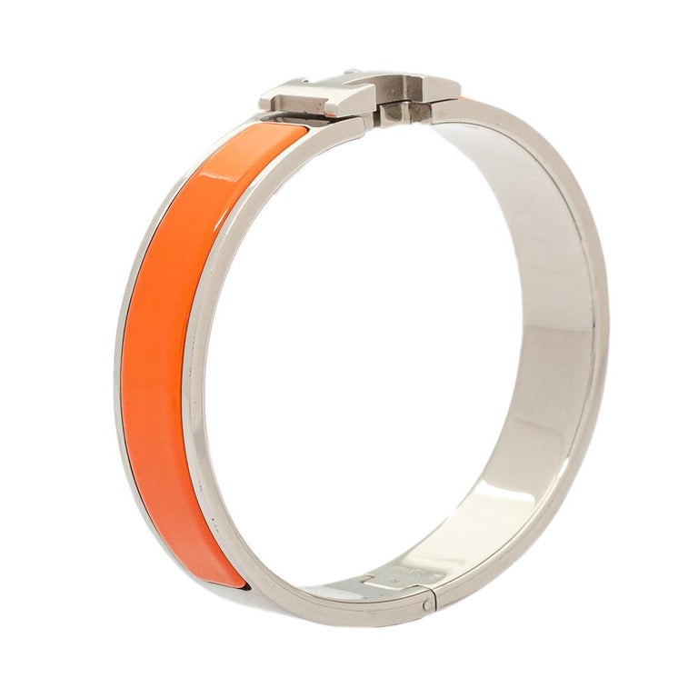 Hermès Clic H Orange Enamel Palladium Plated Narrow Bracelet PM at 1stDibs
