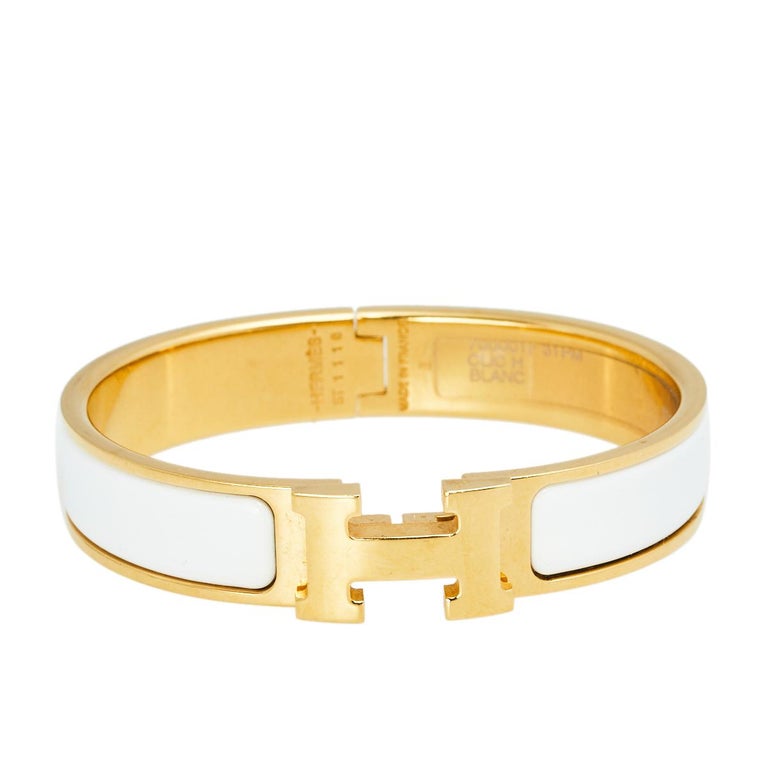 Hermès Clic H White Enamel Gold Plated Narrow Bracelet at 1stDibs