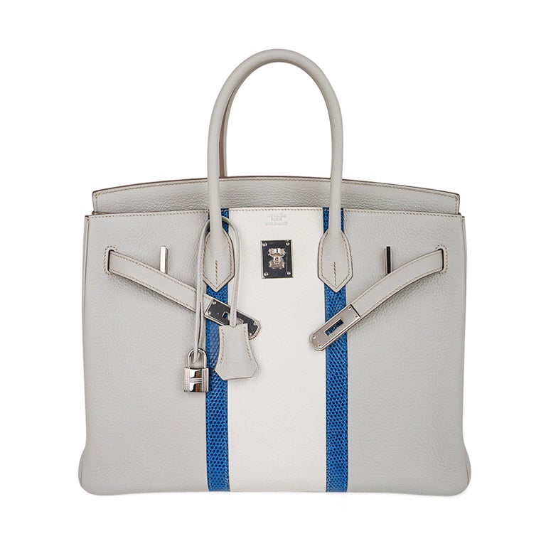 Hermes Club Birkin 35 Bag Gris Perle / Blanc/ Mykonos Lizard Clemence ...