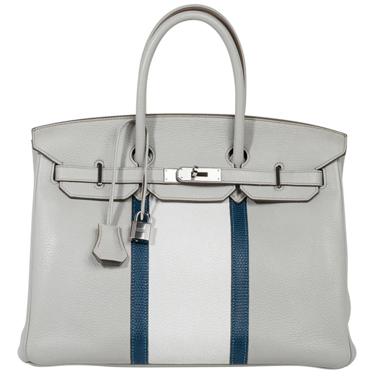 Hermes Club Birkin 35 Bag Gris Perle / Blanc/ Mykonos Lizard Clemence ...