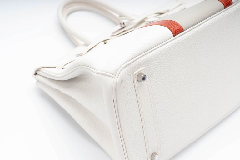 Hermes Club Birkin 35 White with Sanguine Lizard stripes and Gris Perle ...