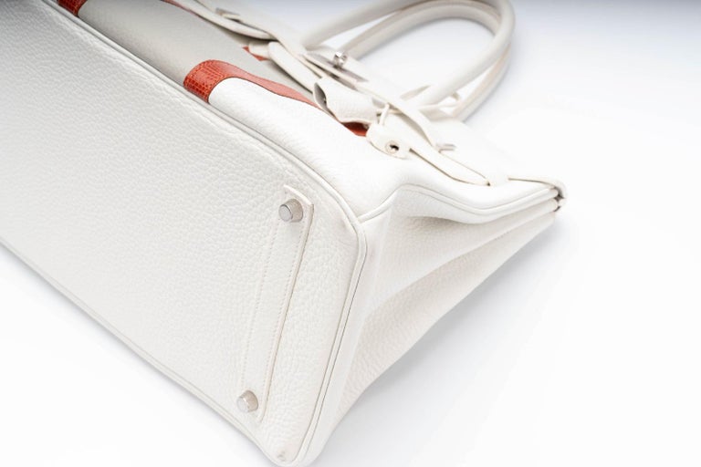 Hermes Club Birkin 35 White with Sanguine Lizard stripes and Gris Perle ...
