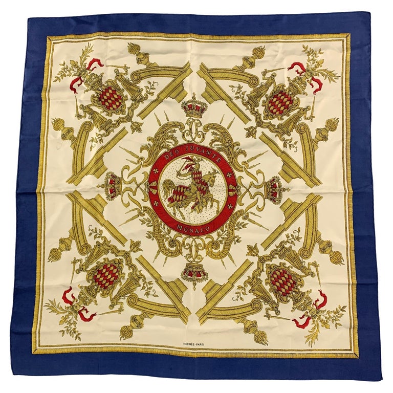 HERMES Cream Gold Silk Twill Deo Juvante Monaco Scarf For Sale at 1stDibs