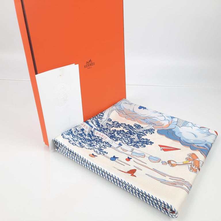 Hermes Crème / Bleu Clair / Multicolore Sur Mon Nuage scarf 90 For Sale ...