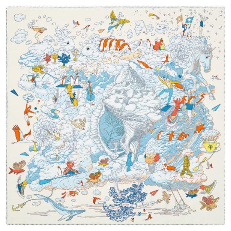 Hermes Crème / Bleu Clair / Multicolore Sur Mon Nuage scarf 90 at 1stDibs