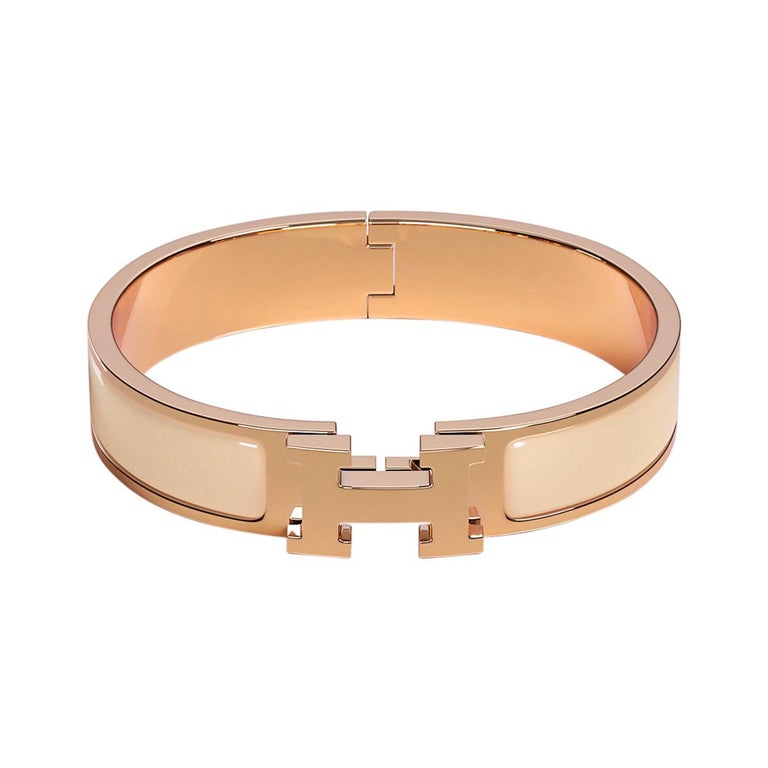 Hermes Creme Clic H Narrow Enamel Bracelet Rose Gold PM For Sale at 1stDibs
