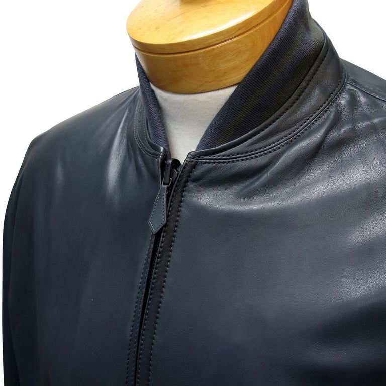 Hermes Dark Blue Signature Leather Reversible Bomber With Knit Trim 48 ...