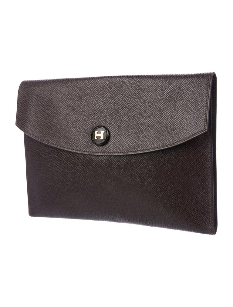 Hermes Dark Brown Leather Gold 'H' Logo Button Envelope Evening Clutch ...