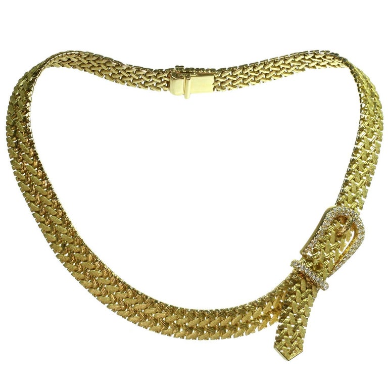 Hermes Diamond Yellow Gold Woven Link Belt Buckle Necklace For Sale at ...