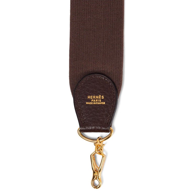 HERMES Ebene brown leather and canvas SANGLE KELLY 50mm Bag Strap For ...