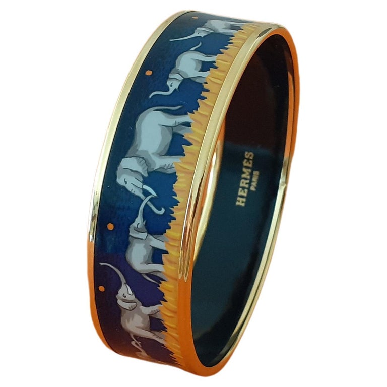 Hermès Enamel Printed Bracelet Elephants Grazing Blue Gold Hdw Size 65 ...