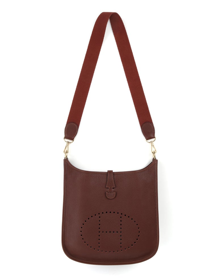HERMES "Evelyne I" 2002 Havane Clemence Leather Perforated Logo ...