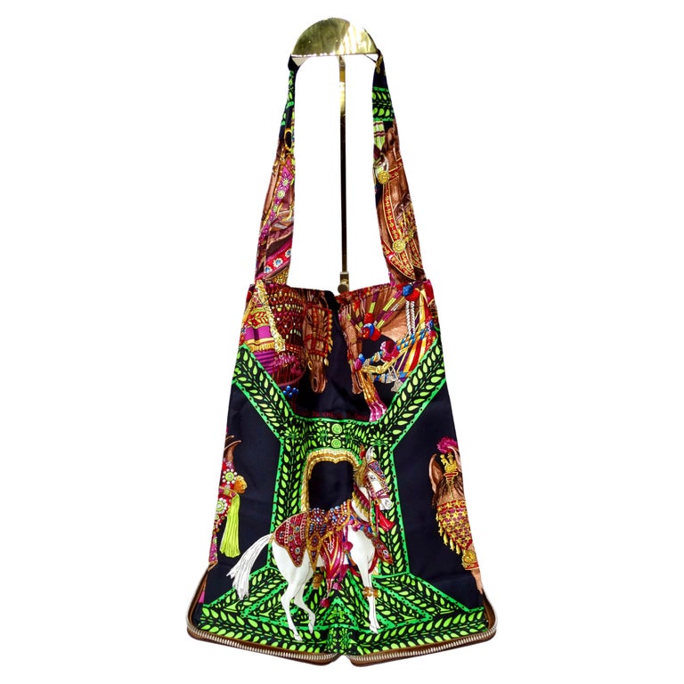 HERMES Foldable Silky Pop Bag in Brown Leather and Printed Silk For ...