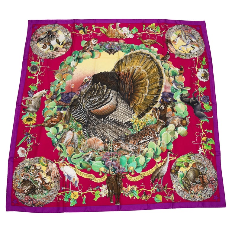 Hermès Fuchsia Texas Wildlife Silk Scarf For Sale at 1stDibs