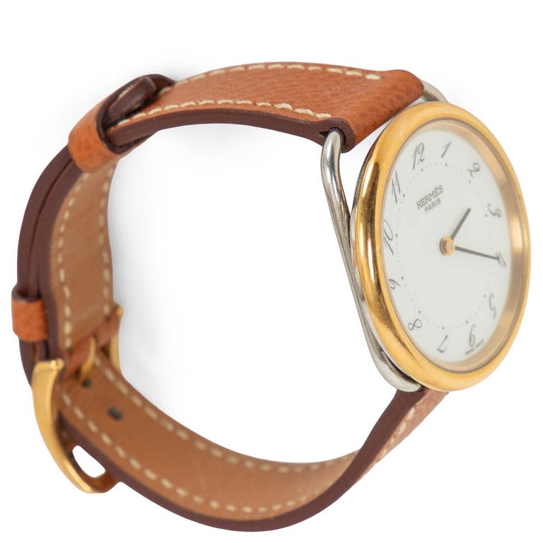 HERMES gold-plated ARCEAU 28mm Watch Gold Courchevel For Sale at 1stDibs