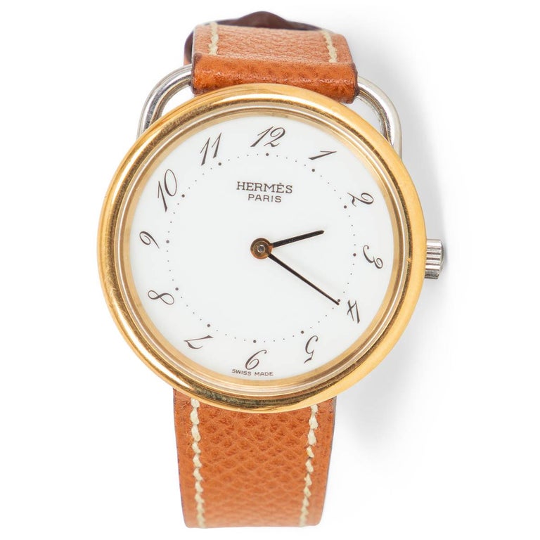 HERMES gold-plated ARCEAU 28mm Watch Gold Courchevel For Sale at 1stDibs