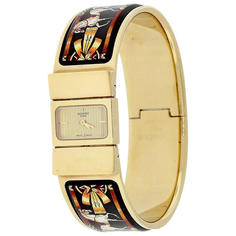 Hermes Gold Plated Locket Blade Bangle Watch with Black Enamel at ...