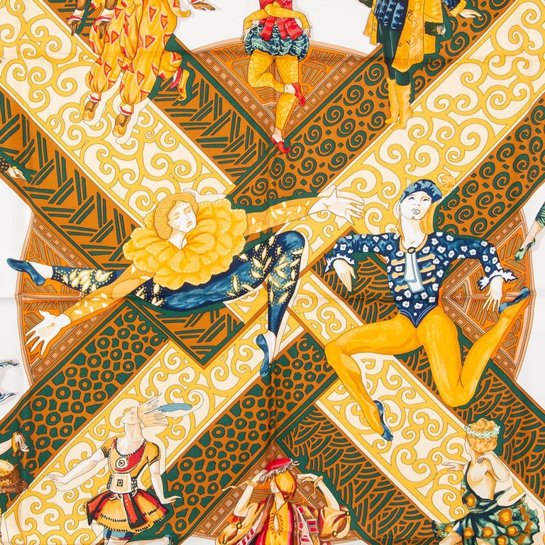 Hermes green orange LES BALLETS RUSSES 90 silk twill Scarf at 1stDibs