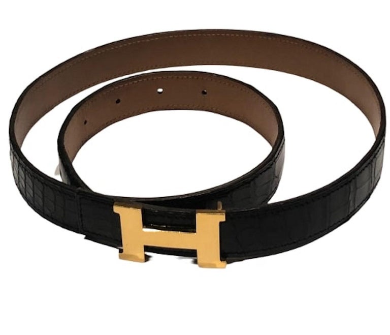 HERMÈS H Crocodile Constance Belt Black Vintage 1990s W/Box For Sale at ...