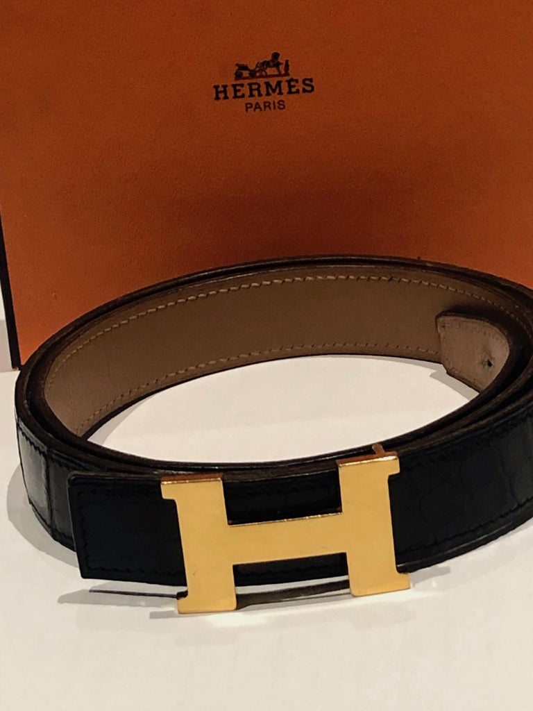 HERMÈS H Crocodile Constance Belt Black Vintage 1990s W/Box For Sale at ...