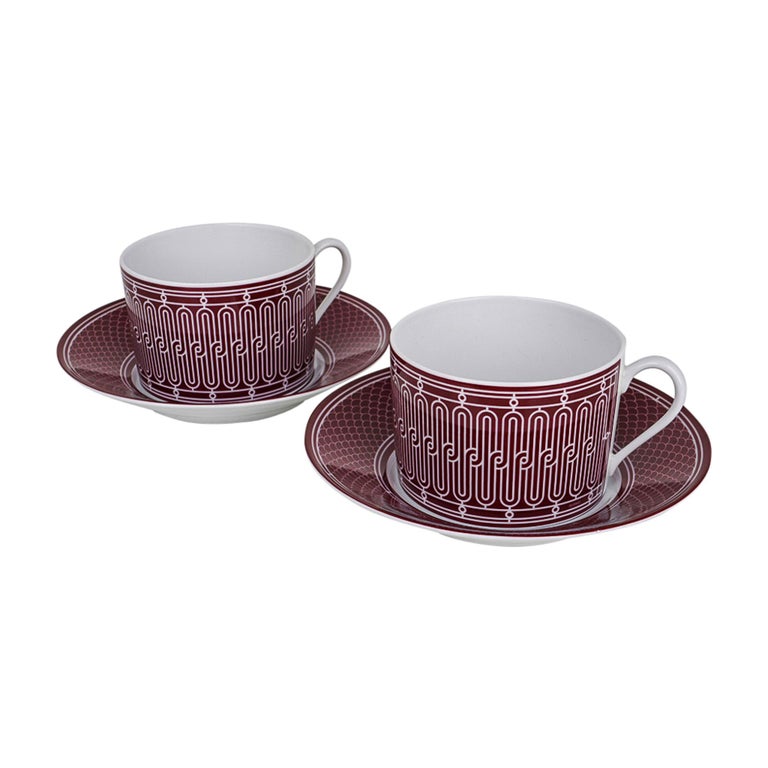 Hermes H Deco Rouge Tea Cup and Saucer Porcelain Set of 2 New w/ Box ...