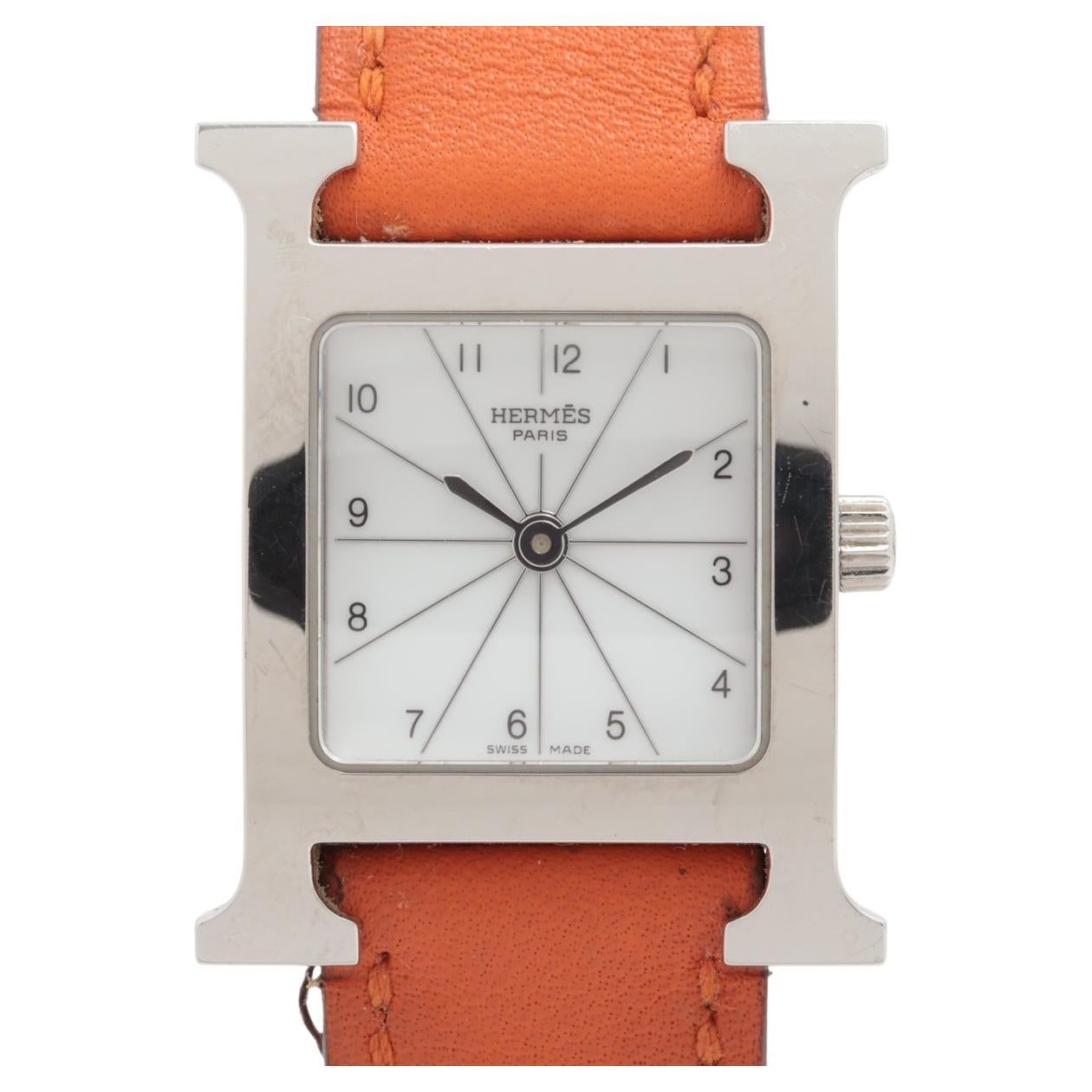 Hermès H Stainless Leather Watch Orange Tan For Sale at 1stDibs