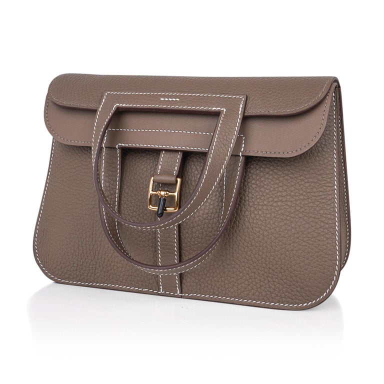 Hermes Halzan 25 Bag Etoupe Gold Hardware Clemence Leather New w/Box at ...