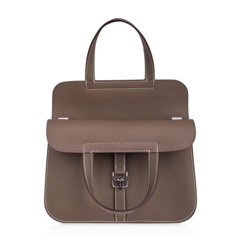 Hermes Halzan 25 Bag Etoupe Palladium Hardware Clemence Leather New w ...