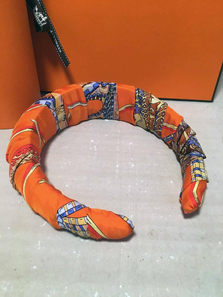 Hermes Handmade Orange Les Domes Celestes Silk Scarf Padded Headband ...