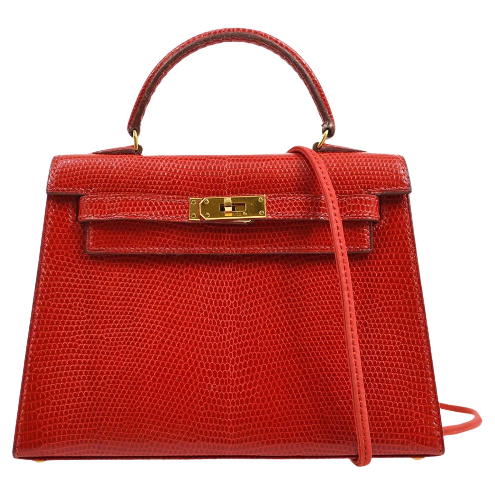 HERMES Kelly 15 Red Rouge Lizard Exotic Leather Gold Shoulder Flap Bag ...