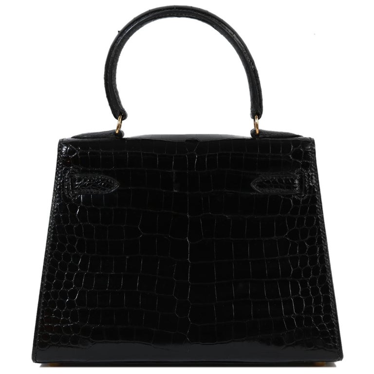 HERMES Kelly 20 Black Crocodile Exotic Leather Diamond Gold Shoulder ...