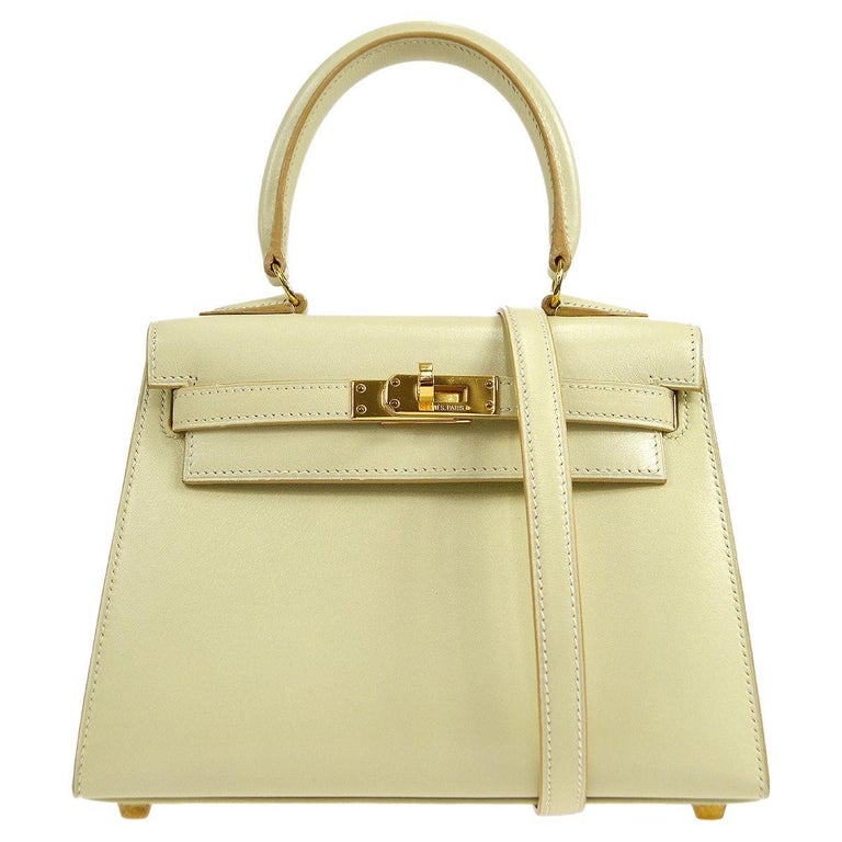 HERMES Kelly 20 Cream Ivory Box Calfskin Gold Small Mini Top Handle ...