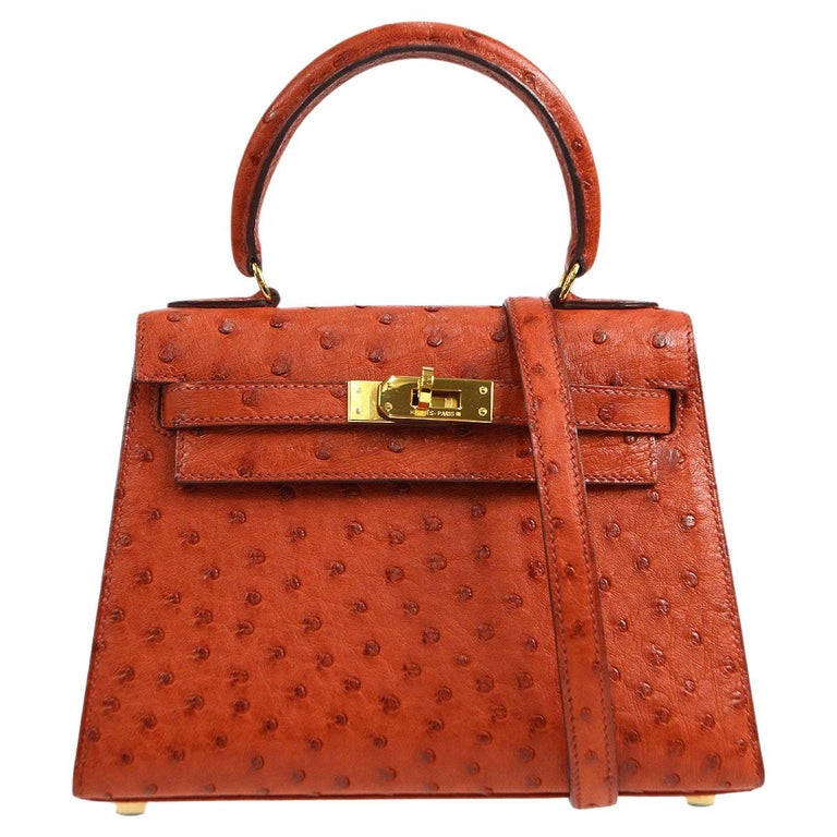 HERMES Kelly 20 Mini Orange Red Ostrich Exotic Gold Top Handle Handbag ...