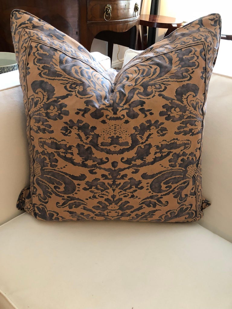 Pair of Blue and Taupe Fortuny Cushions in the "CORONE" pattern at 1stDibs