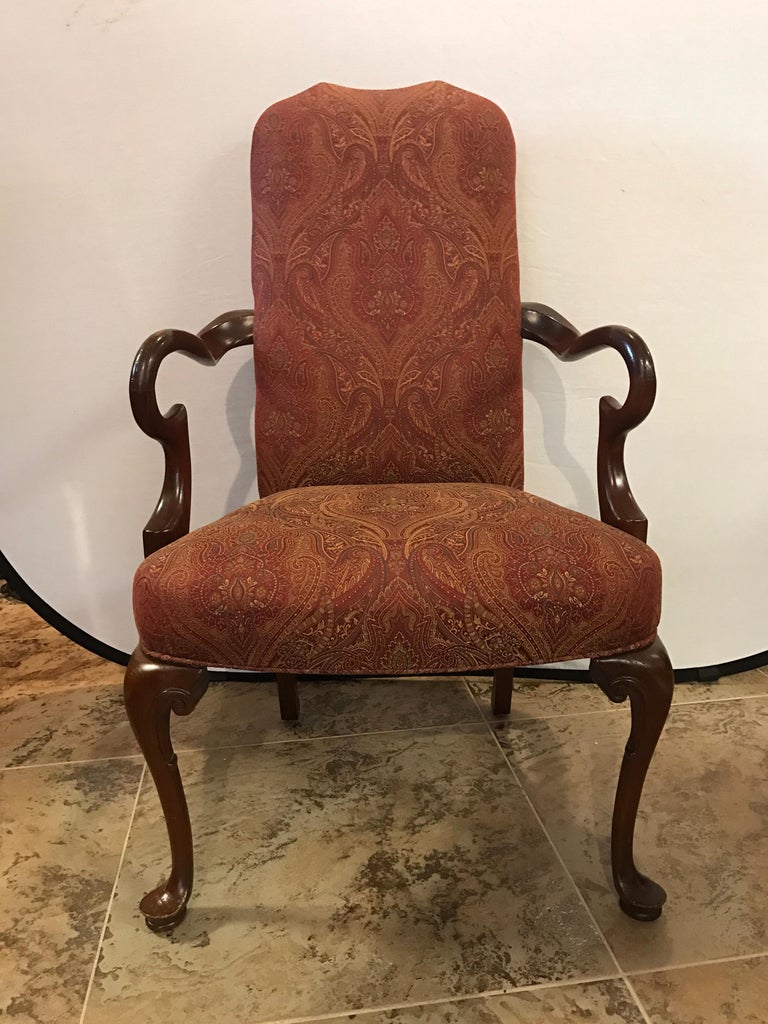 Mahogany Gooseneck Armchairs Paisley Fabric, Pair at 1stDibs