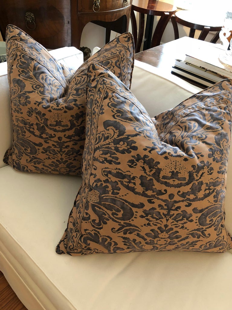 Pair of Blue and Taupe Fortuny Cushions in the "CORONE" pattern at 1stDibs