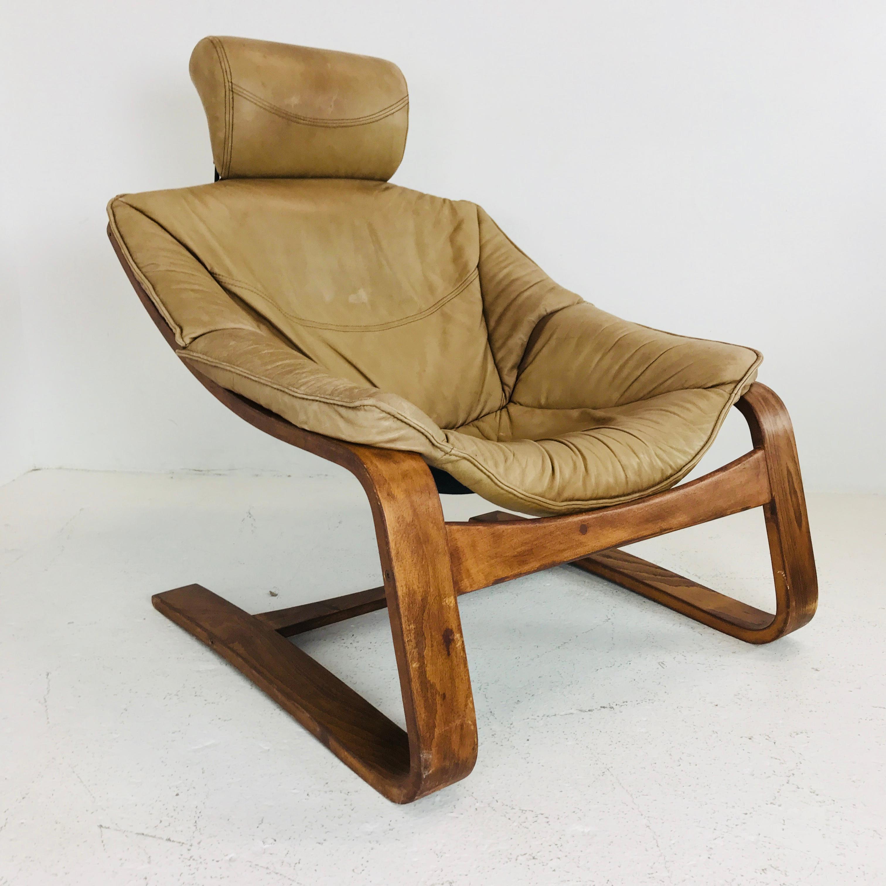 Pair of Bentwood and Leather Cantilever Midcentury Lounge Chairs For ...