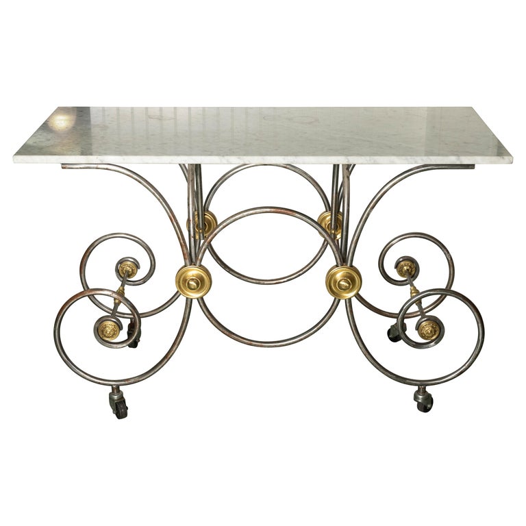 French Style, Marble Top Bakers Table with Brass and Metal Base For ...