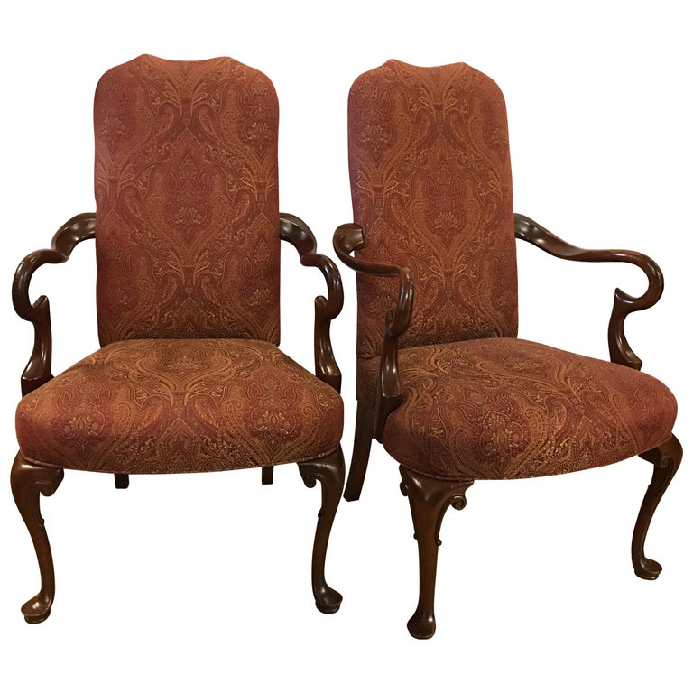 Mahogany Gooseneck Armchairs Paisley Fabric, Pair at 1stDibs