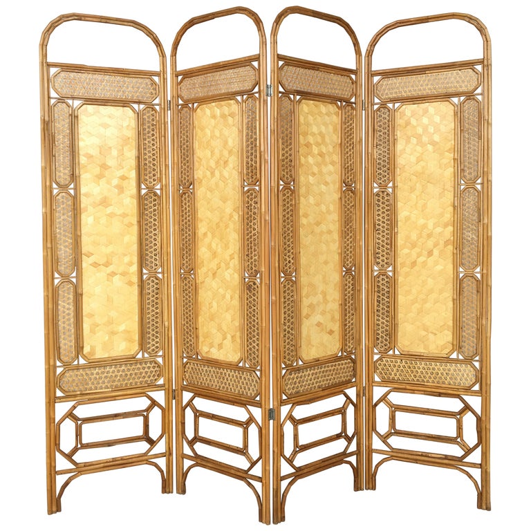 Midcentury Rattan Room Divider or Screen Four-Fold Screen, Split Bamboo ...
