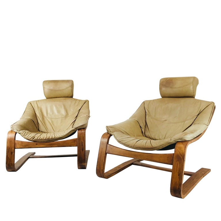 Pair of Bentwood and Leather Cantilever Midcentury Lounge Chairs For ...